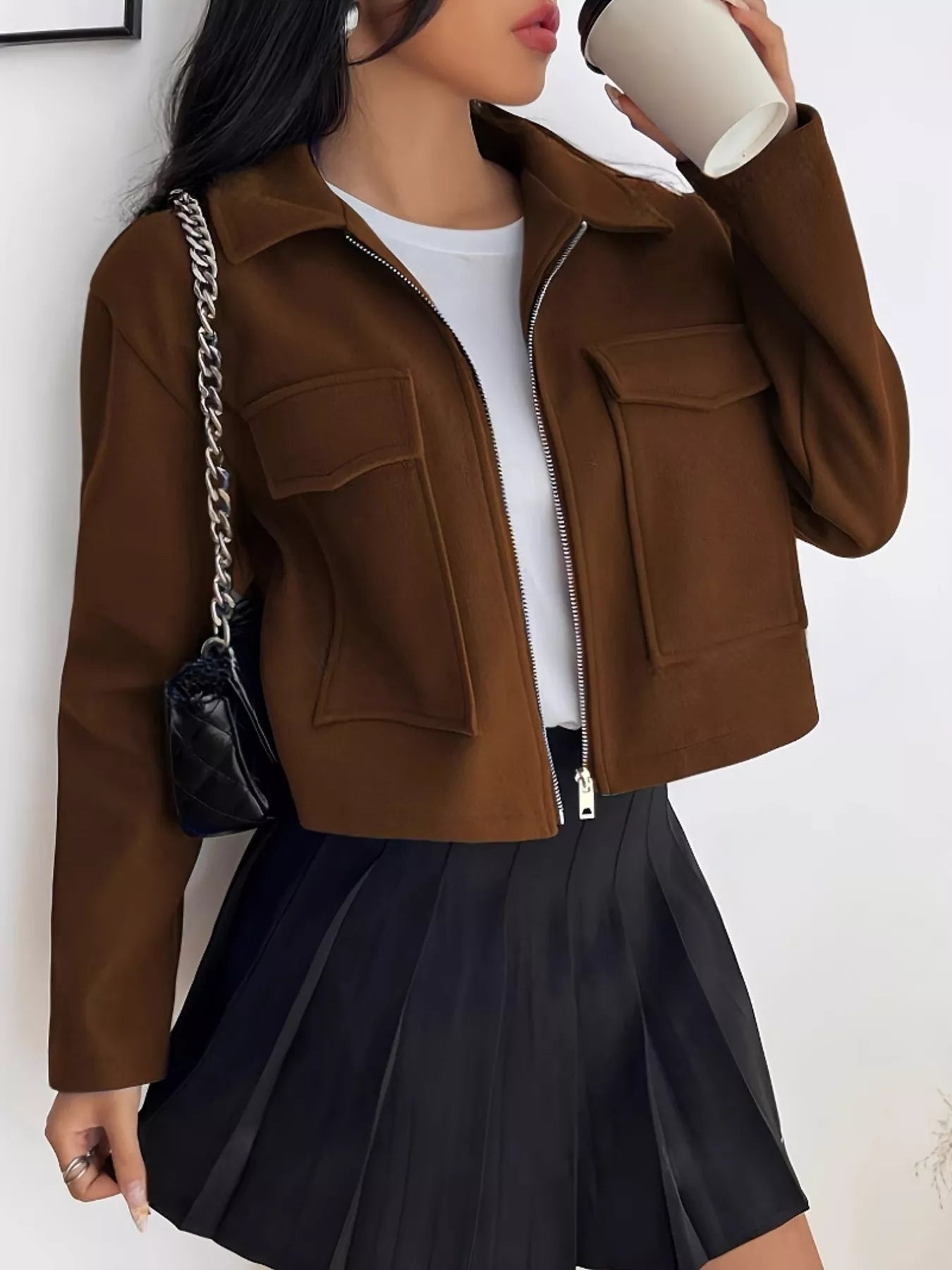 Cropped Zip-Up Pocketed Jacket – Her Paradise